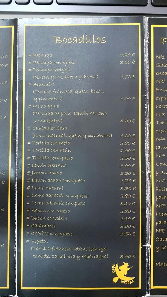 Menu at Café Bar Meigas, O Porriño