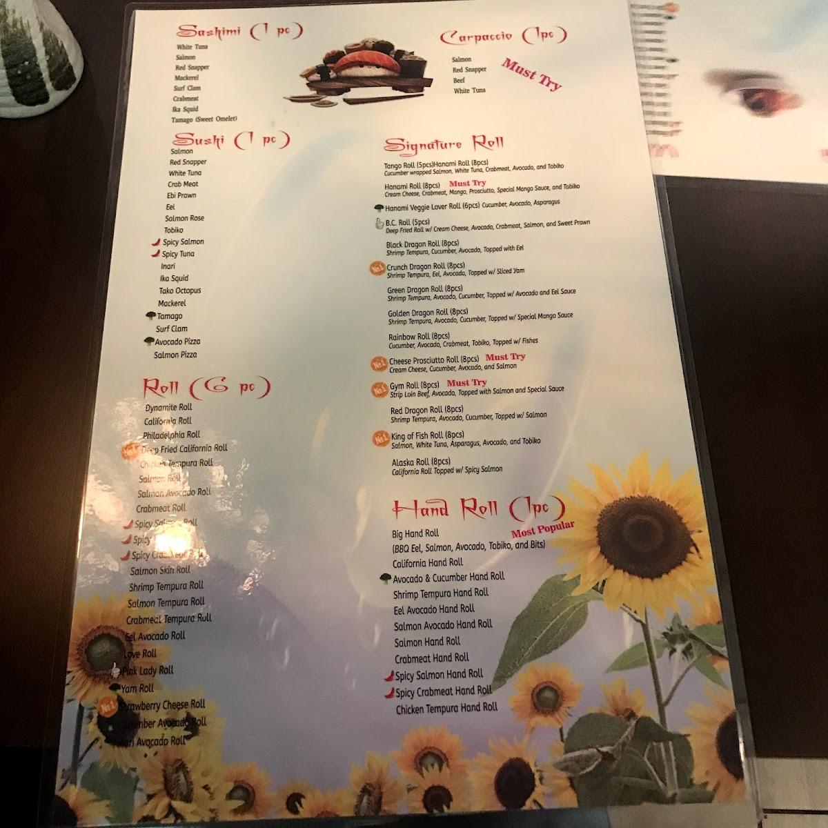 Menu at Hanami Izakaya restaurant, Guelph