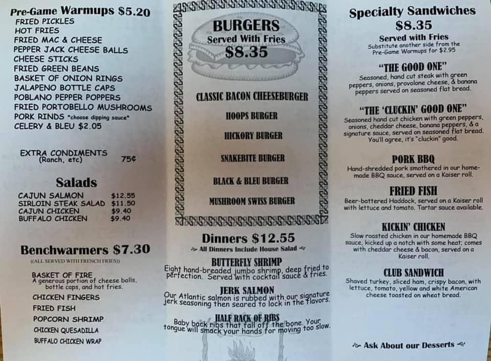 Menu at Hoops Cafe, Fairmont, 505 Locust Ave