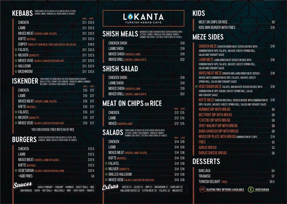 Menu at Lokanta Turkish Kebab Cafe, Paraparaumu