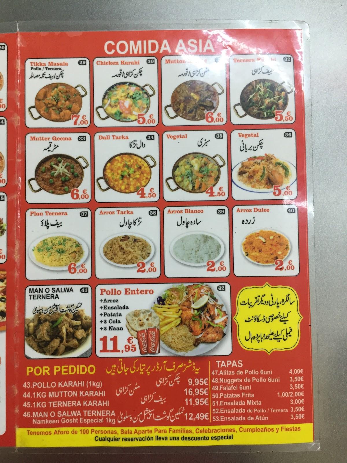 Carta del restaurante Man o salwa, Barcelona