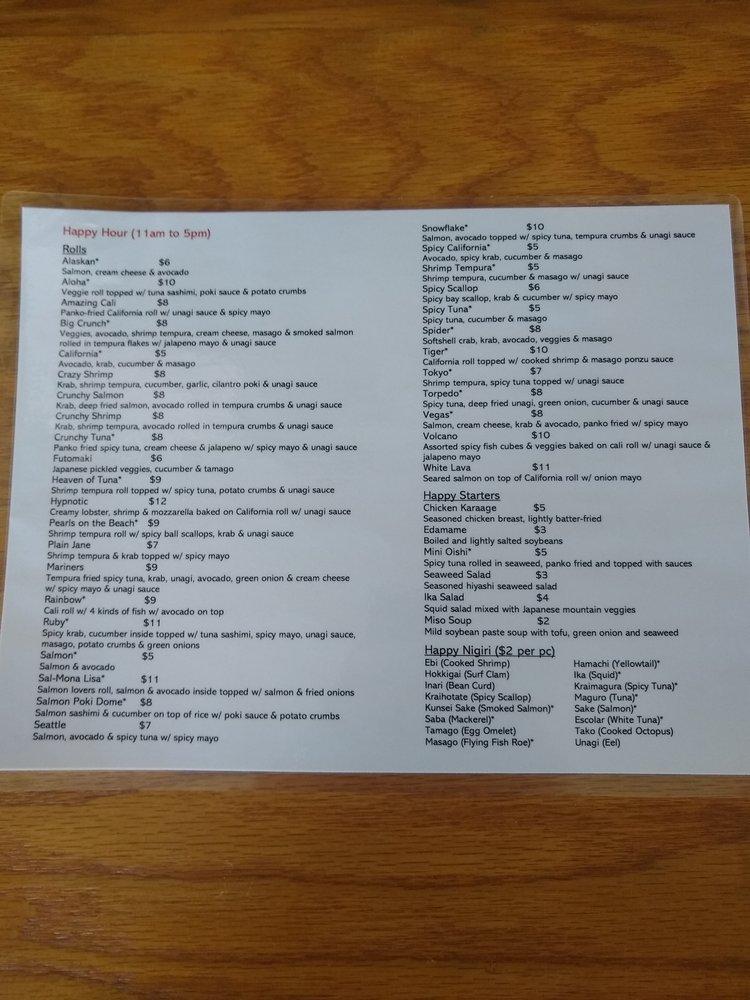 Menu at Midori Sushi and Teriyaki restaurant, Spokane