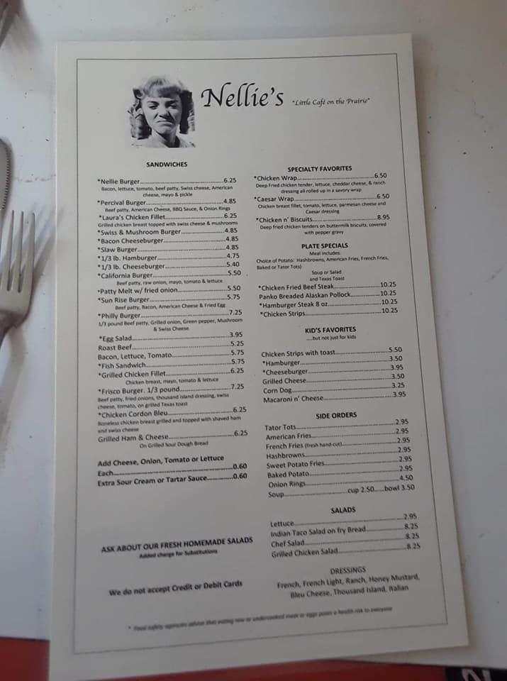 Menu at Nellie's Cafe, Walnut Grove