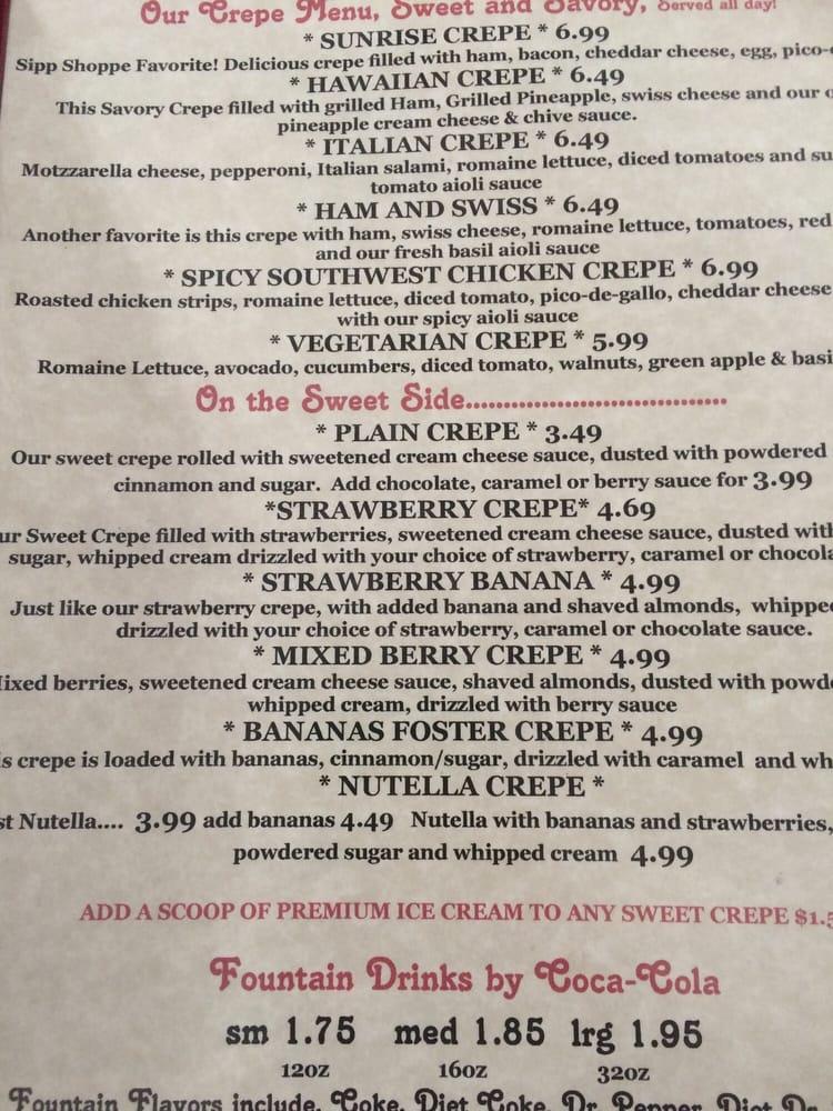 Menu at Sipp Shoppe restaurant, Winslow