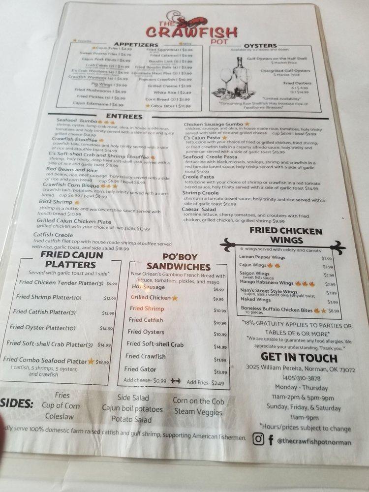 Menu at The Crawfish Pot Norman restaurant, Norman