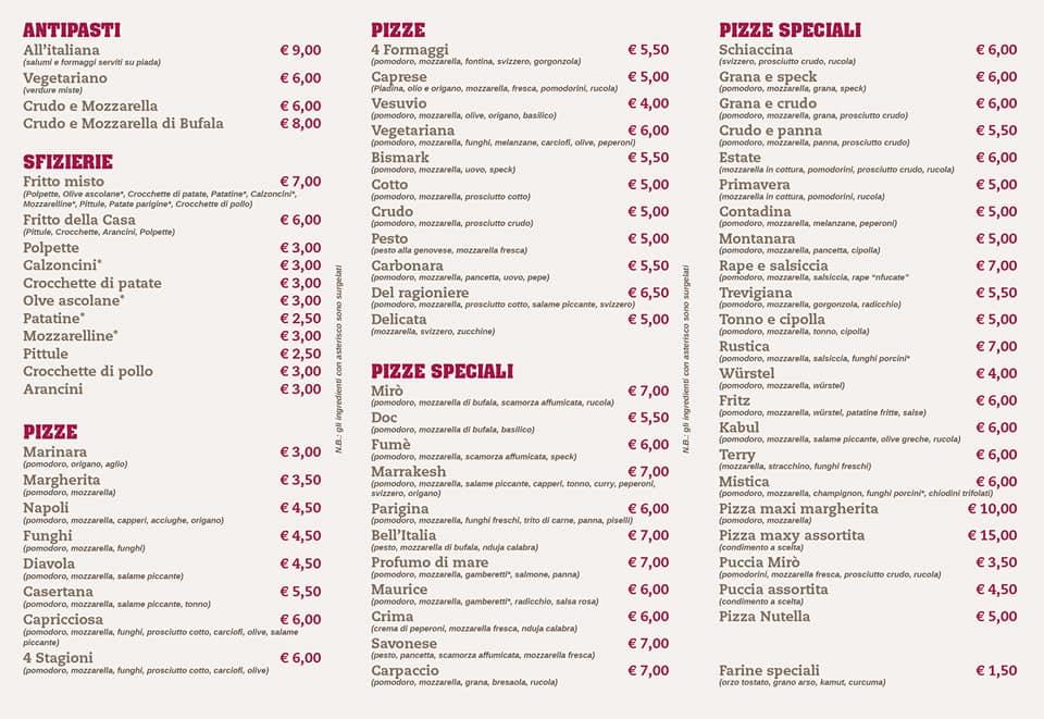 Menu da Caffè Miró pizzeria, Lecce