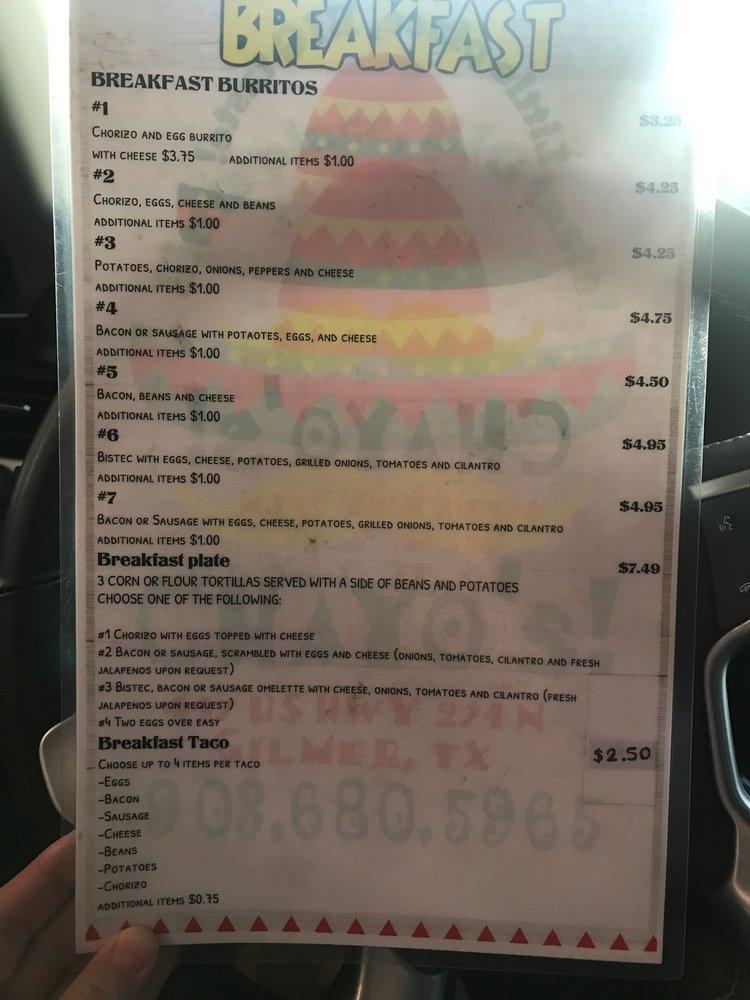Menu at Chayo's restaurant, Gilmer