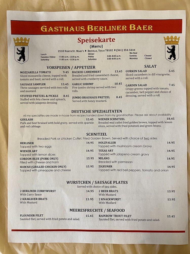 Menu at Gasthaus Berliner Bear restaurant, Beeville