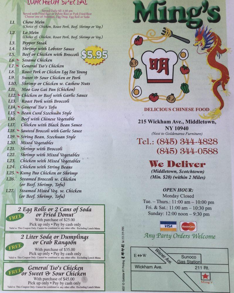 Menu at Ming’s Chinese Restaurant, Middletown