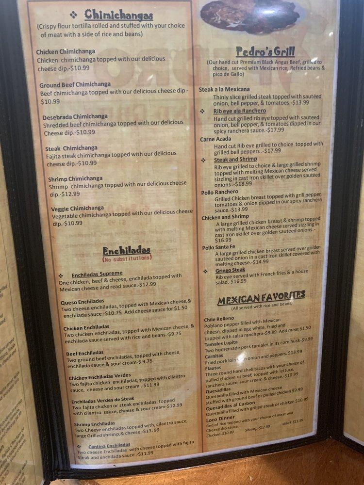 Menu at Pedro's Cantina Grill restaurant, Miramar Beach