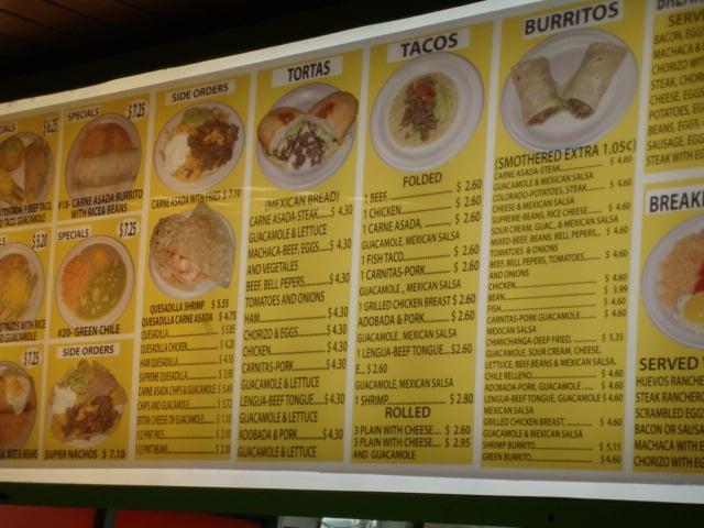 Menu at Tacos Rapidos restaurant, Denver, W Alameda Ave