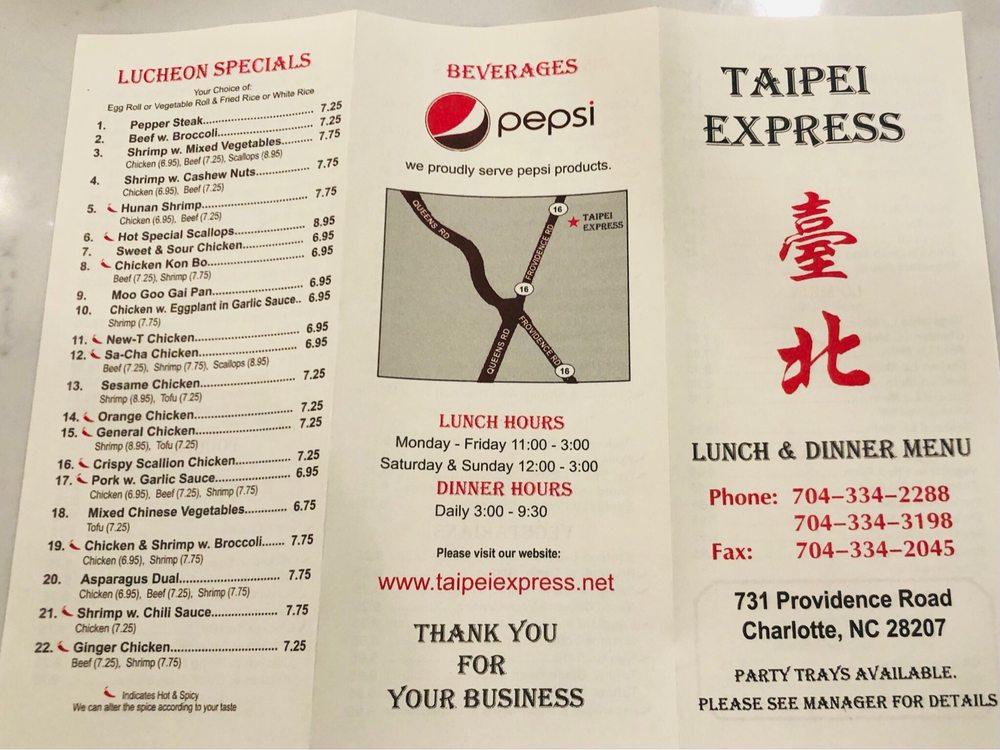 Menu at Taipei Express restaurant, Charlotte