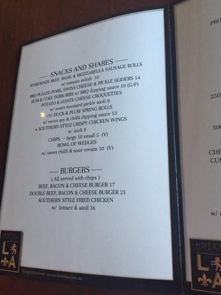 Menu at The Lord Alfred pub & bar, Brisbane City, 68 Petrie Terrace