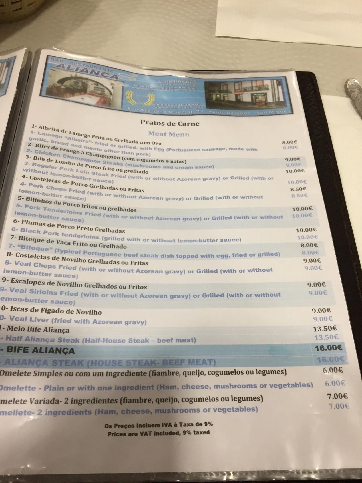Menu at Bar-Restaurante Aliança, Ponta Delgada