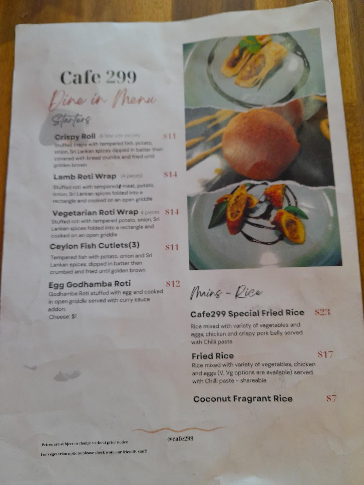Menu at Cafe 299, Coorparoo