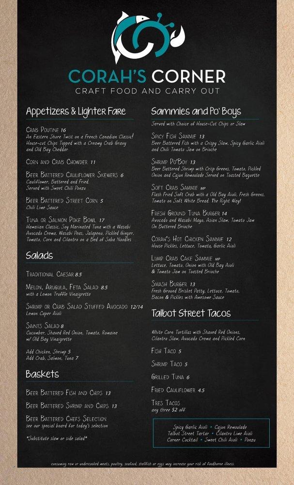 Menu at Corah's Corner restaurant, Saint Michaels