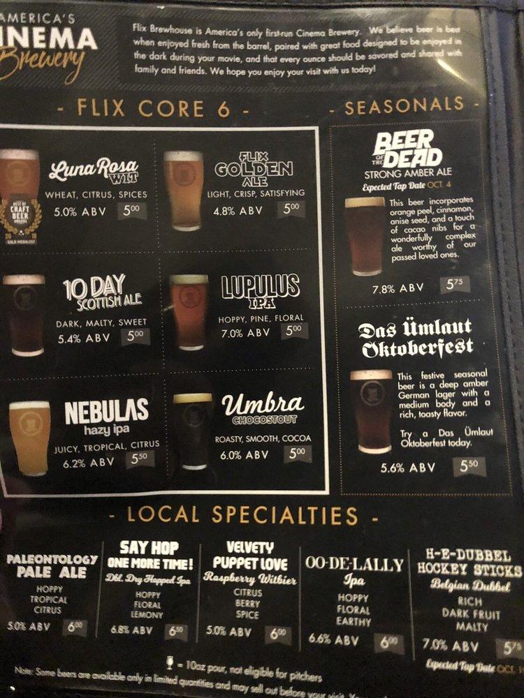 Menu at Flix Brewhouse pub & bar, Albuquerque