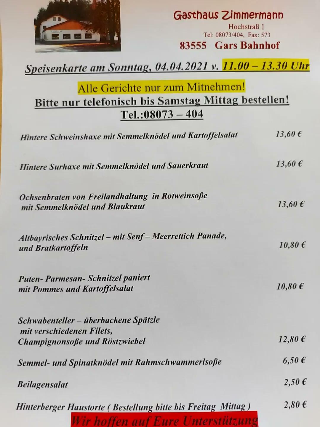 Speisekarte von Gasthaus Zimmermann restaurant, Gars am Inn