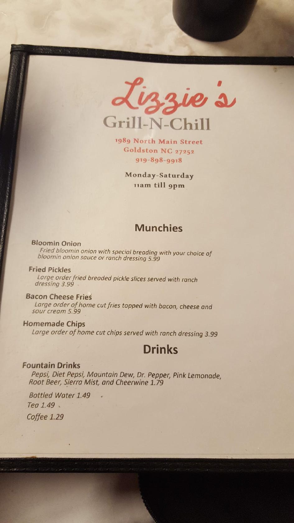 Menu at Lizzie's Grill-N-Chill desserts, Goldston