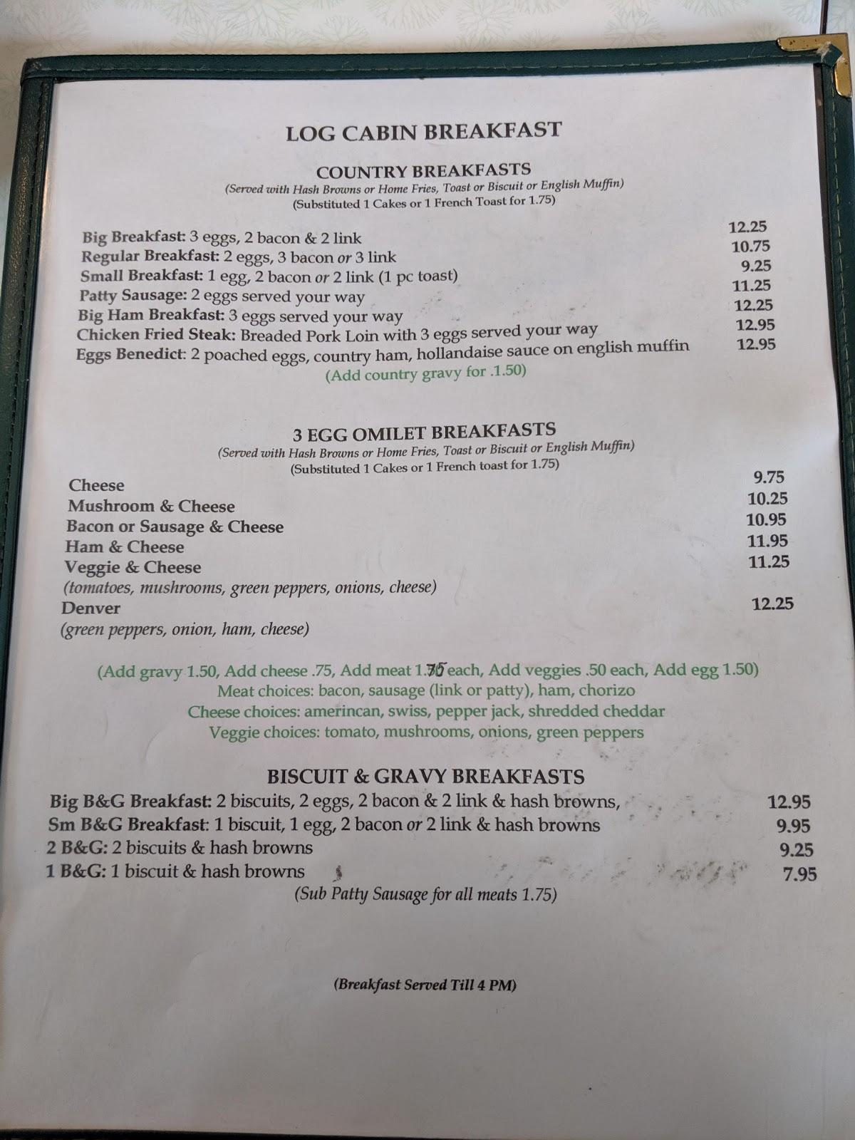 Menu at Log Cabin Diner restaurant, Klamath, 301 CA-169