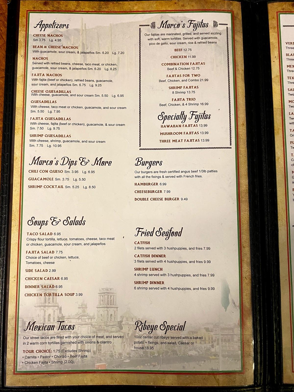 Menu at Marcos Mexican Restaurant, Antlers