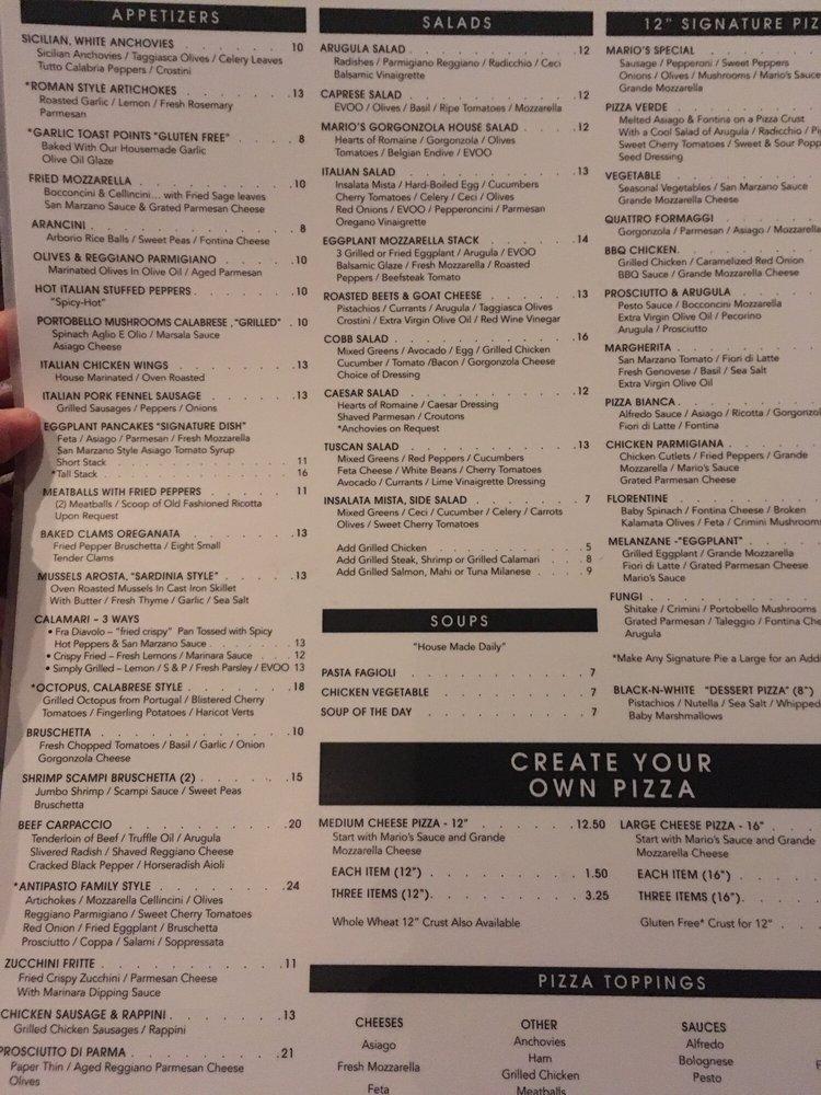 Menu at Mario's Osteria pizzeria, Boca Raton