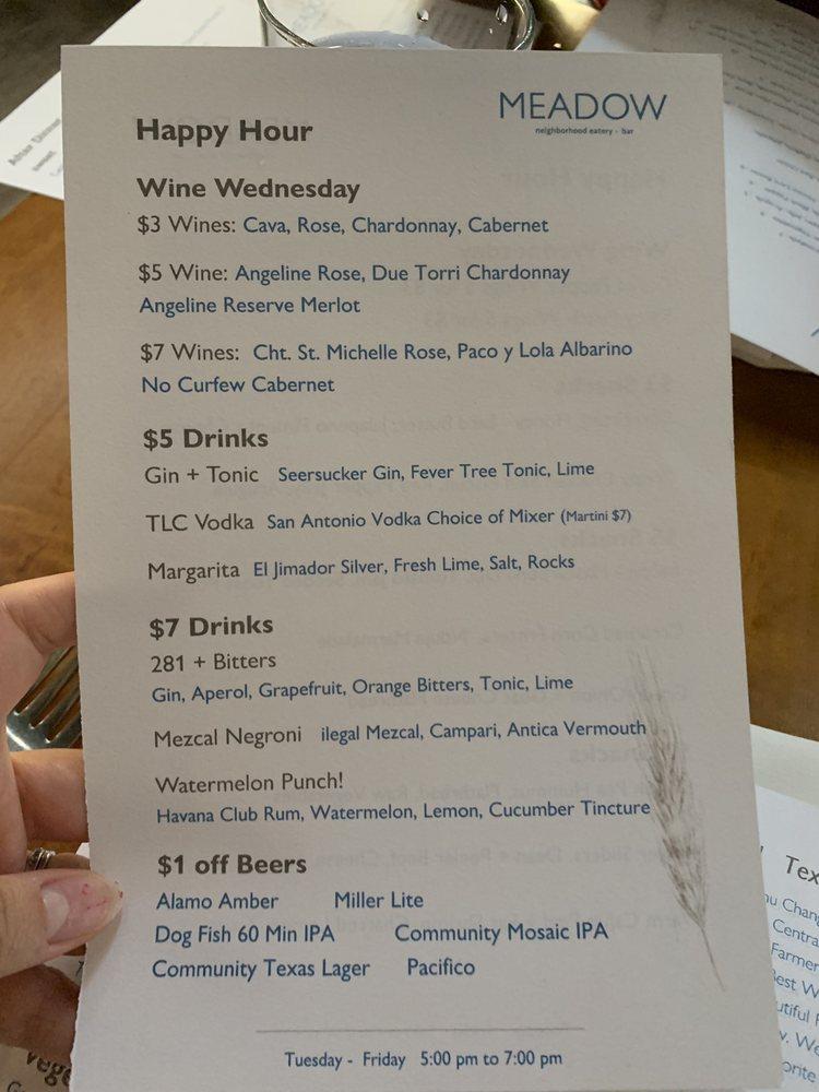 Menu at Meadow Neighborhood Eatery + Bar, San Antonio