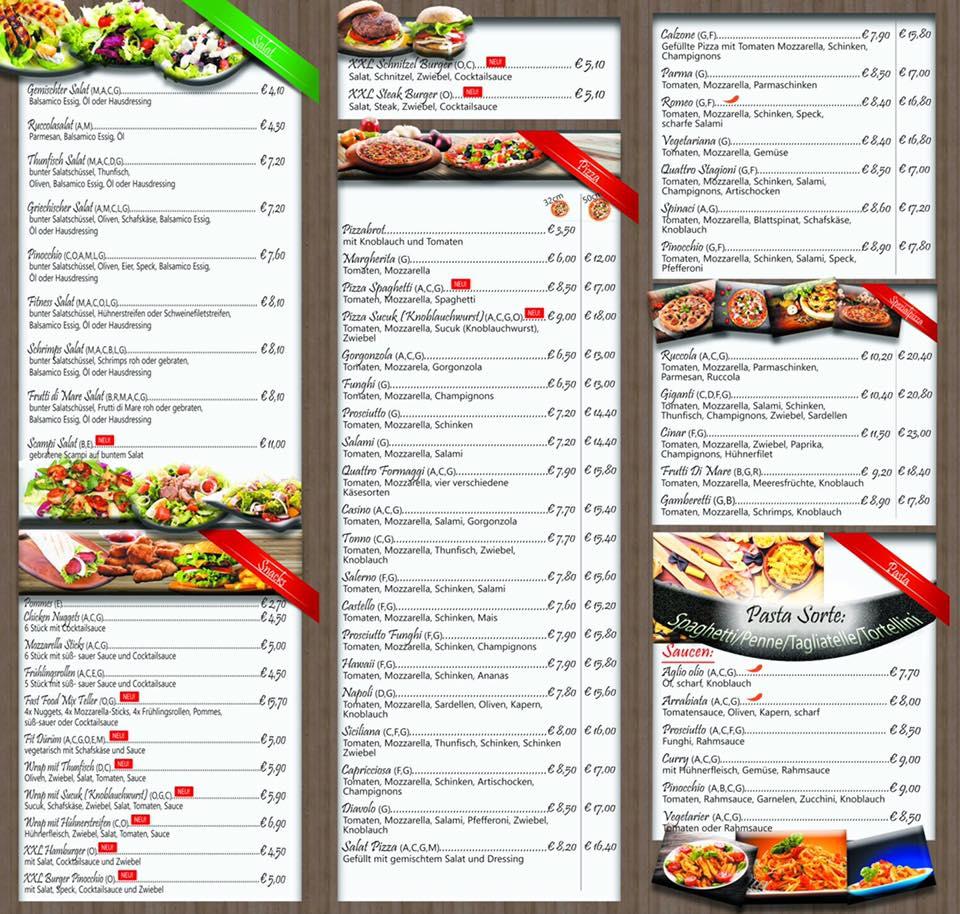 Menu at Pinocchio Pizzeria, Sankt Johann