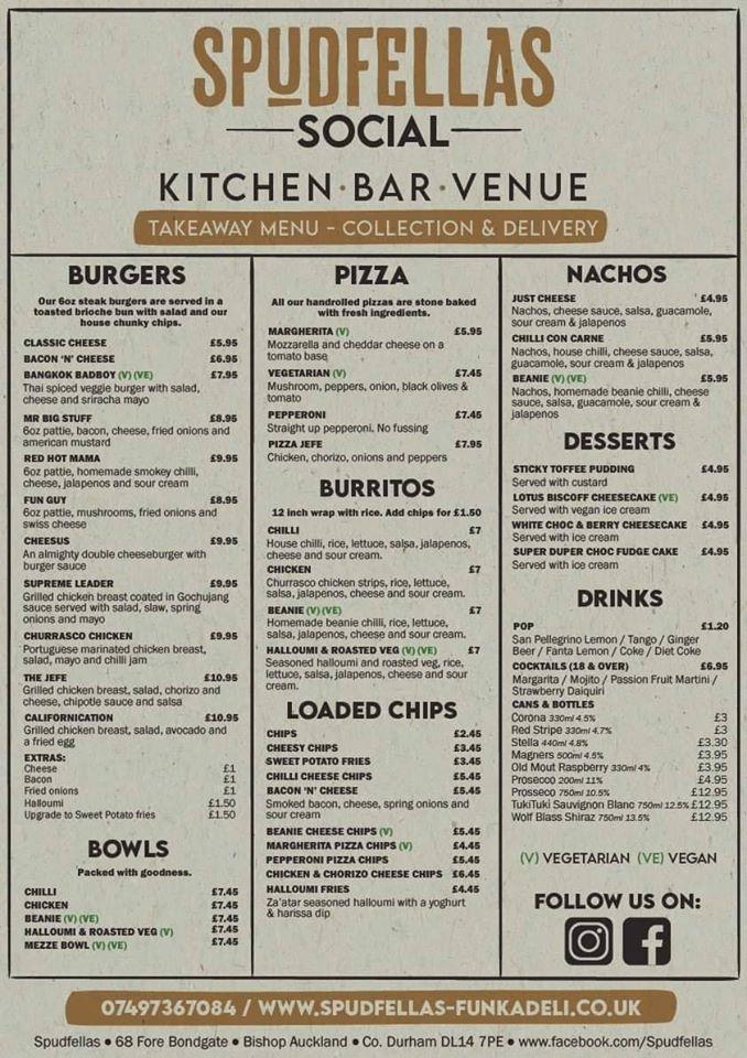 Menu at Spudfellas cafe, Bishop Auckland