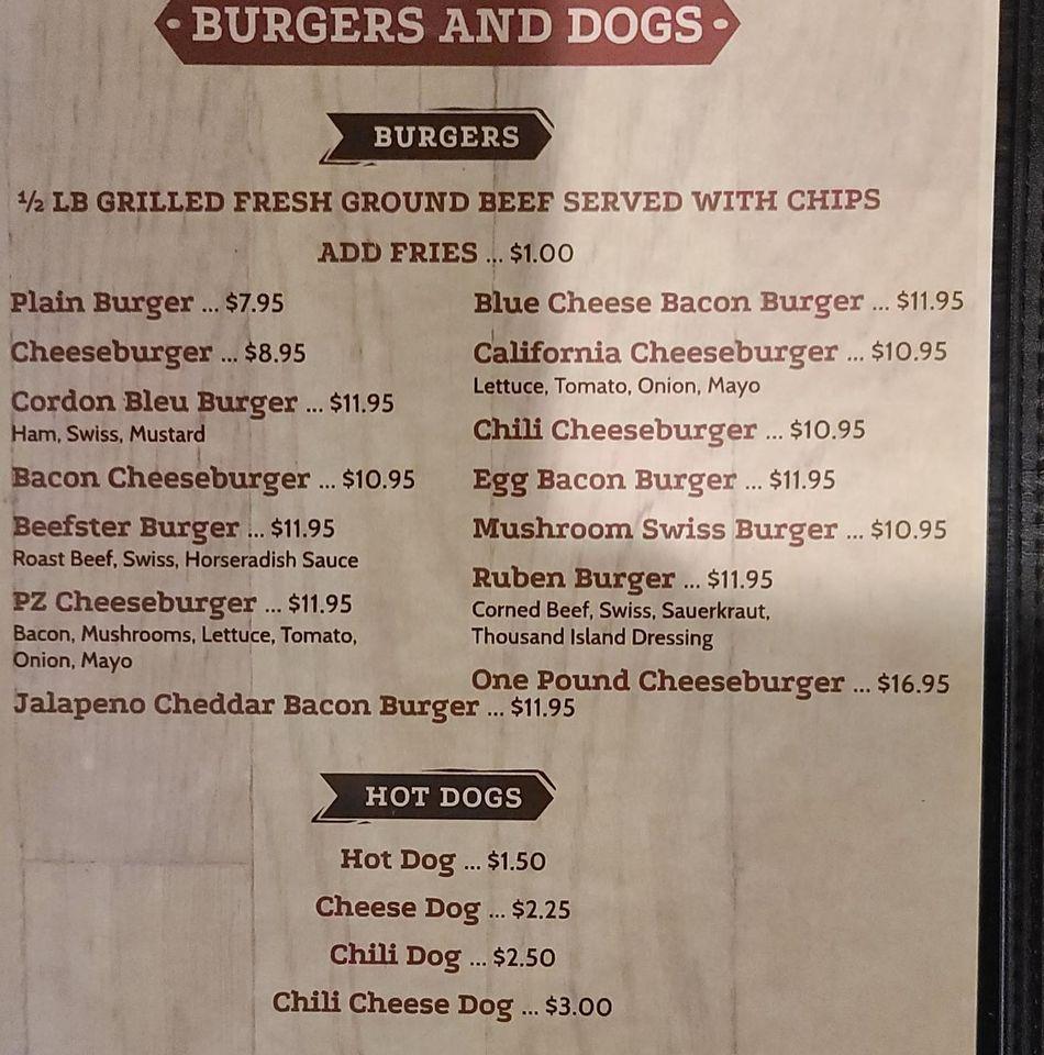 Menu at The Stadium restaurant, Pottsville