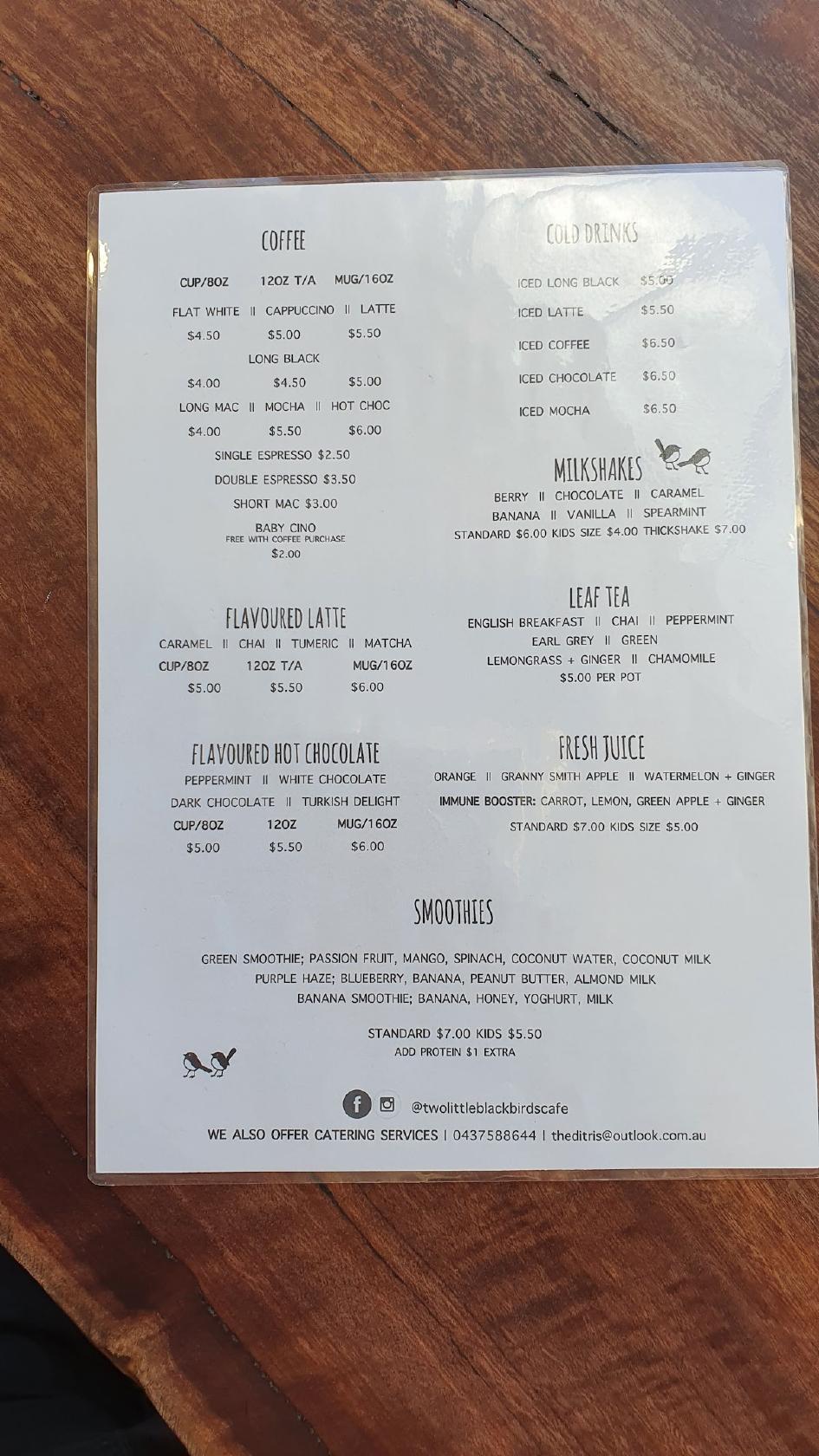Menu at Two Little Black Birds cafe, Manjimup