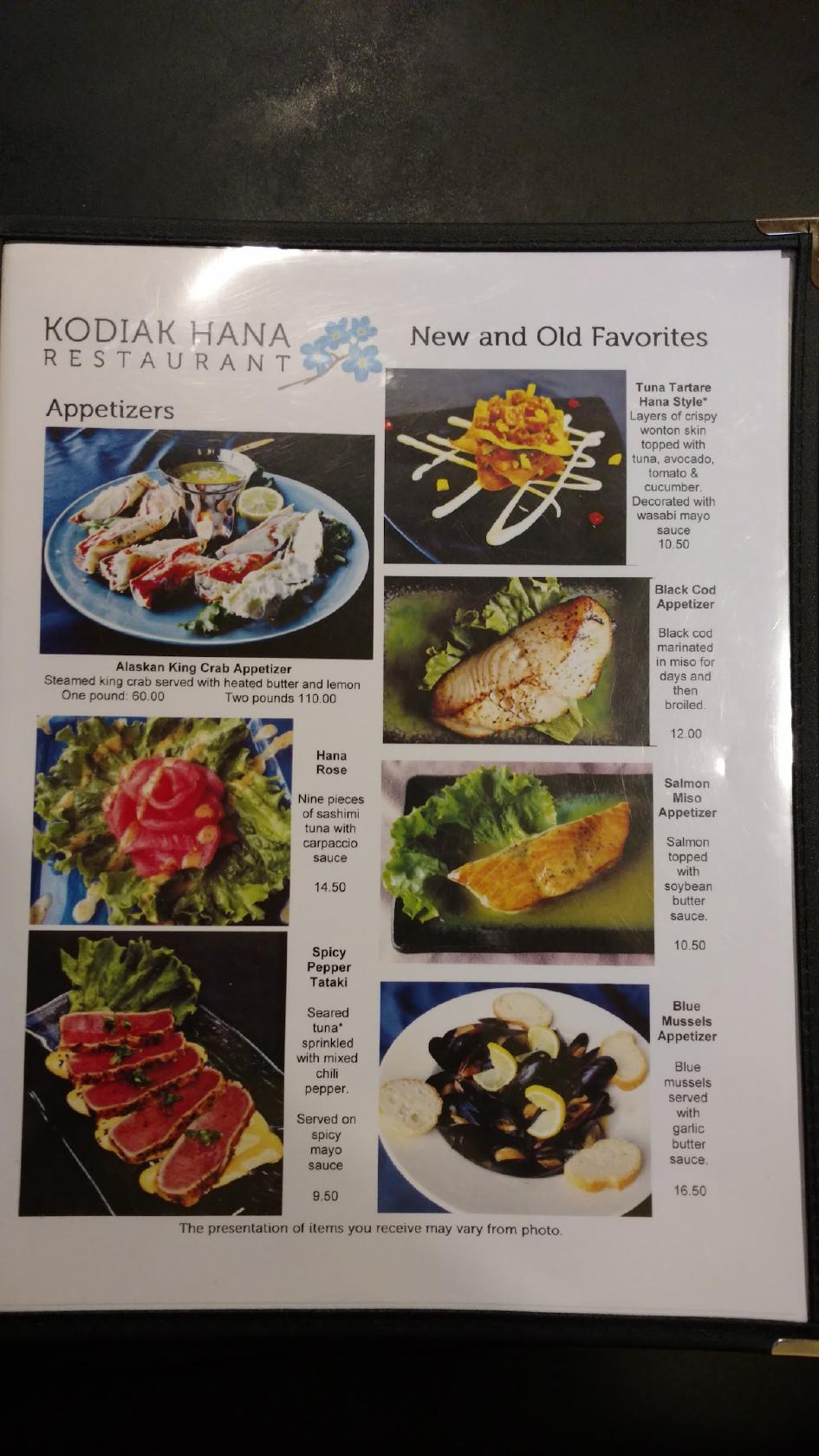Menu at Kodiak Hana Restaurant, Kodiak