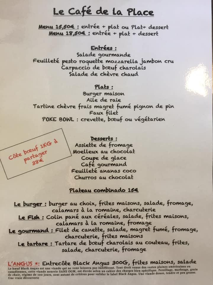 Menu at Le Café de la place, Brocas