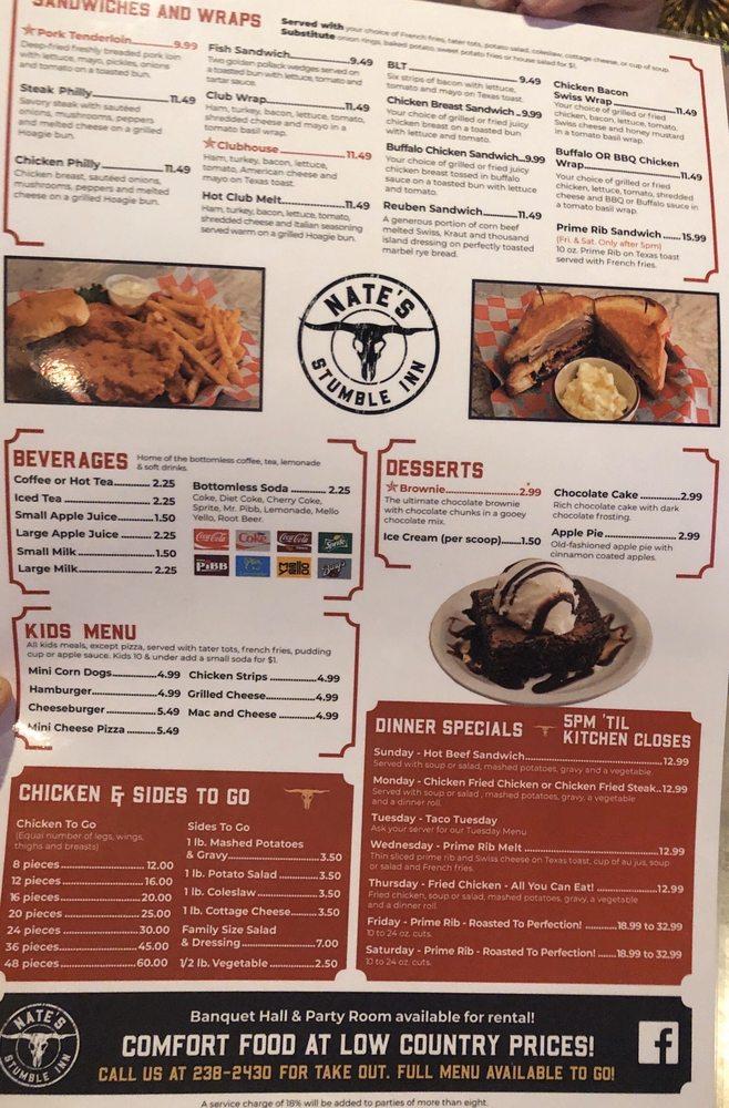 Menu at Nate's Stumble Inn pub & bar, Bennington