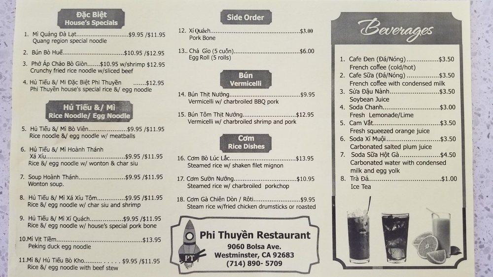 Menu at Phi Thuyền Restaurant, Westminster