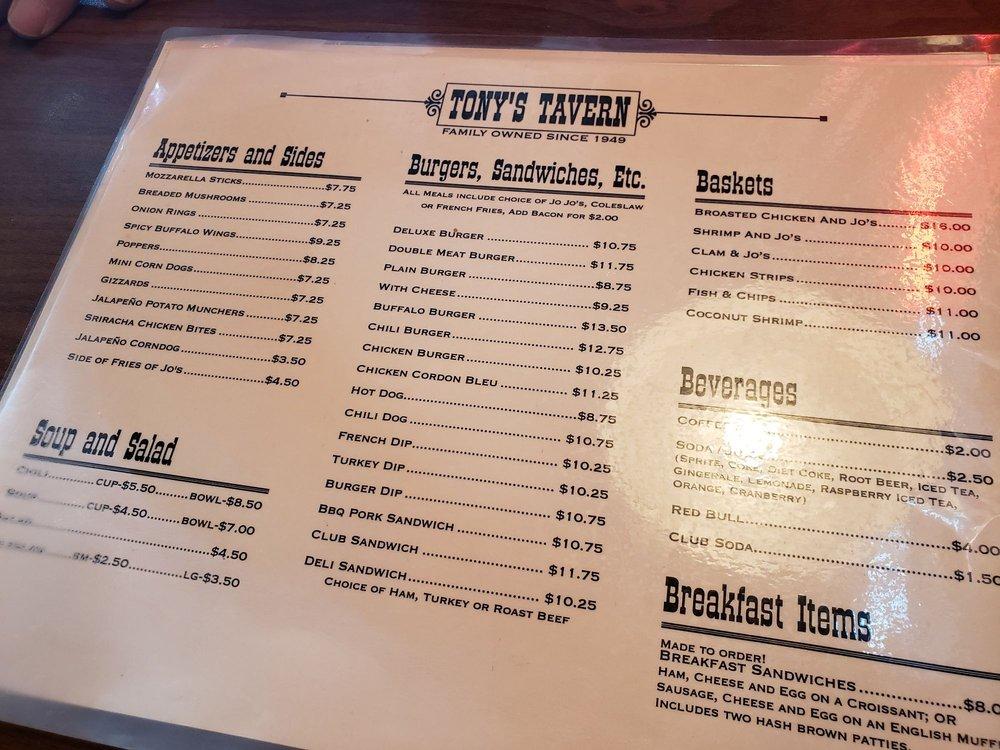 Menu at Tony's Tavern pub & bar, Custer, Main St