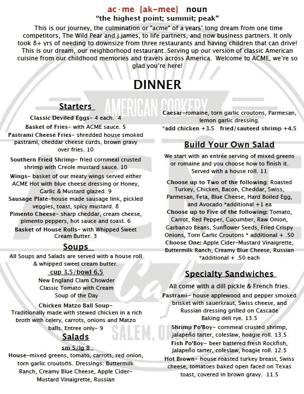 Menu at ACME Cafe, Salem