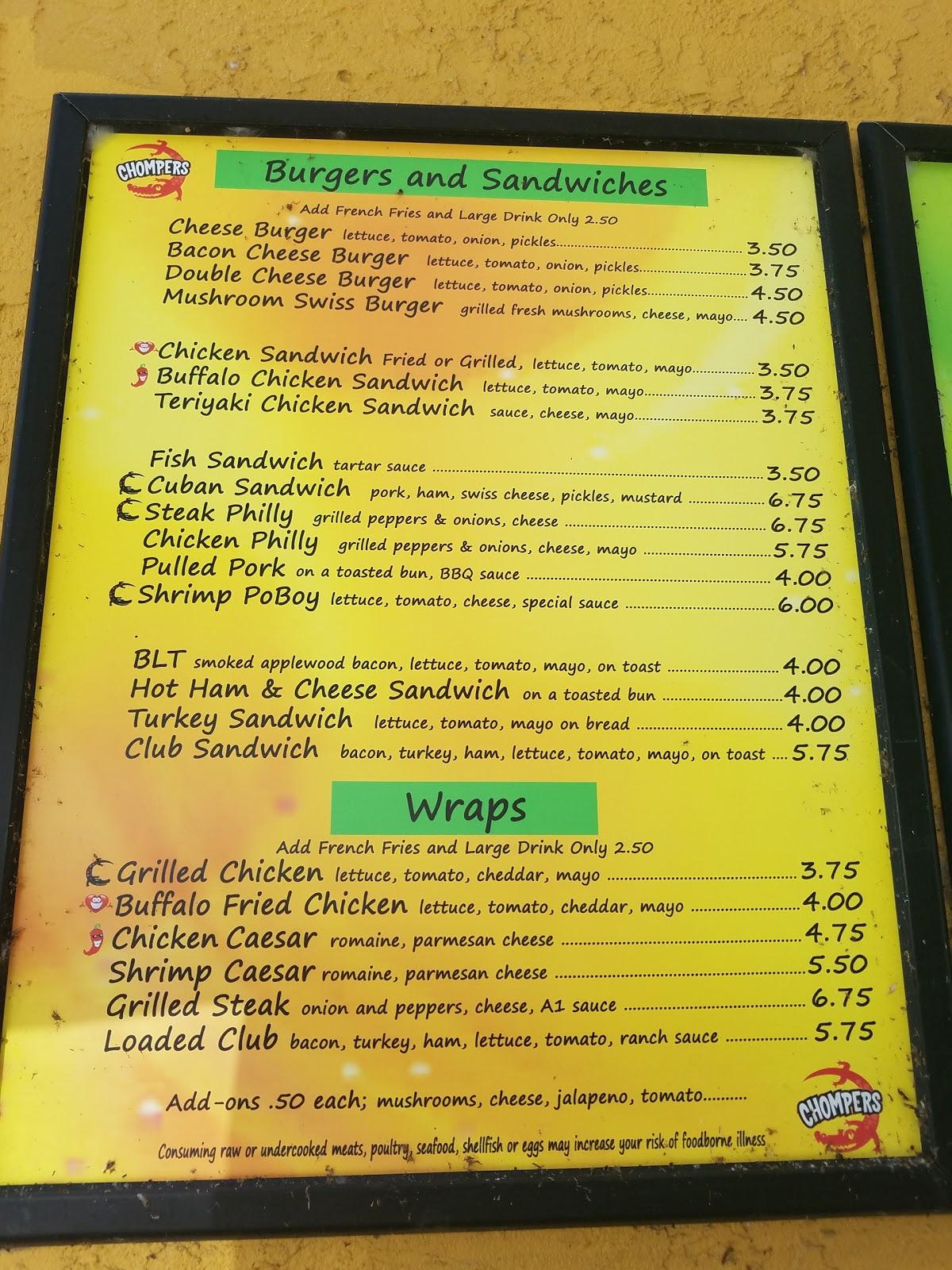Menu at Chompers Diner restaurant, Fanning Springs