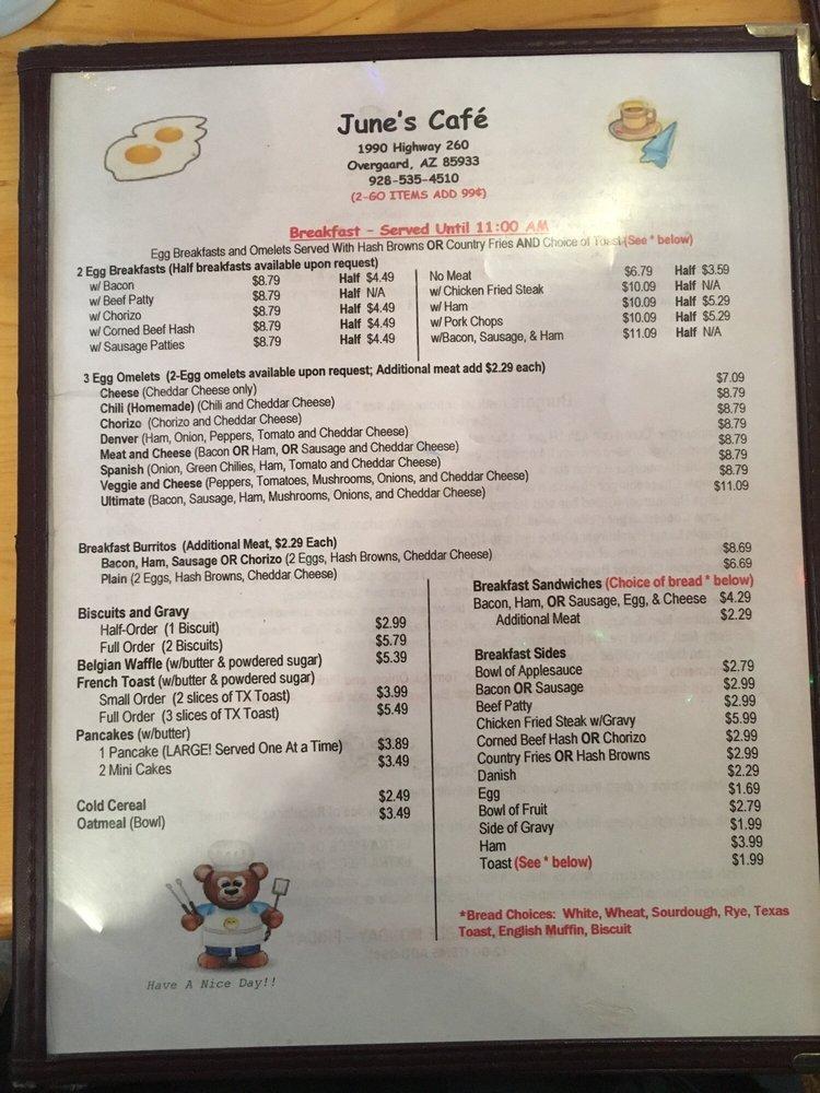 Menu at June's Cafe, Heber-Overgaard
