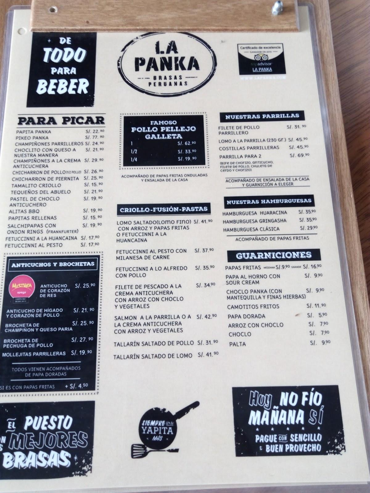 Carta del restaurante LA PANKA, Surquillo, Av. Manuel Villarán 753
