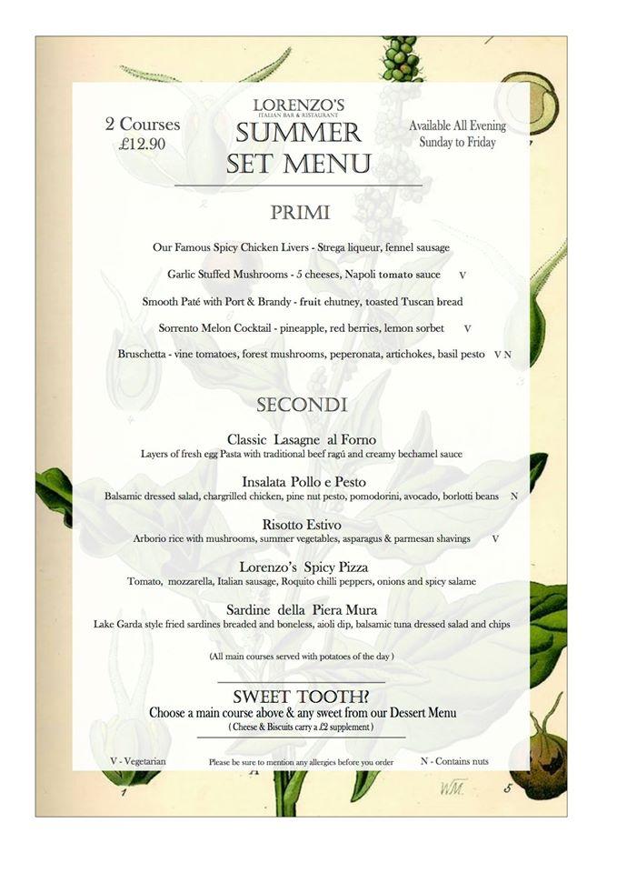 Menu at Lorenzos Restaurant, Freckleton