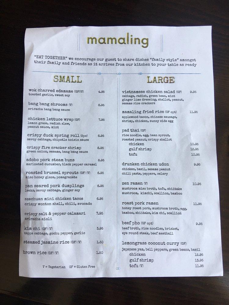 Menu at Mamaling Asian Street Food restaurant, Palm Coast