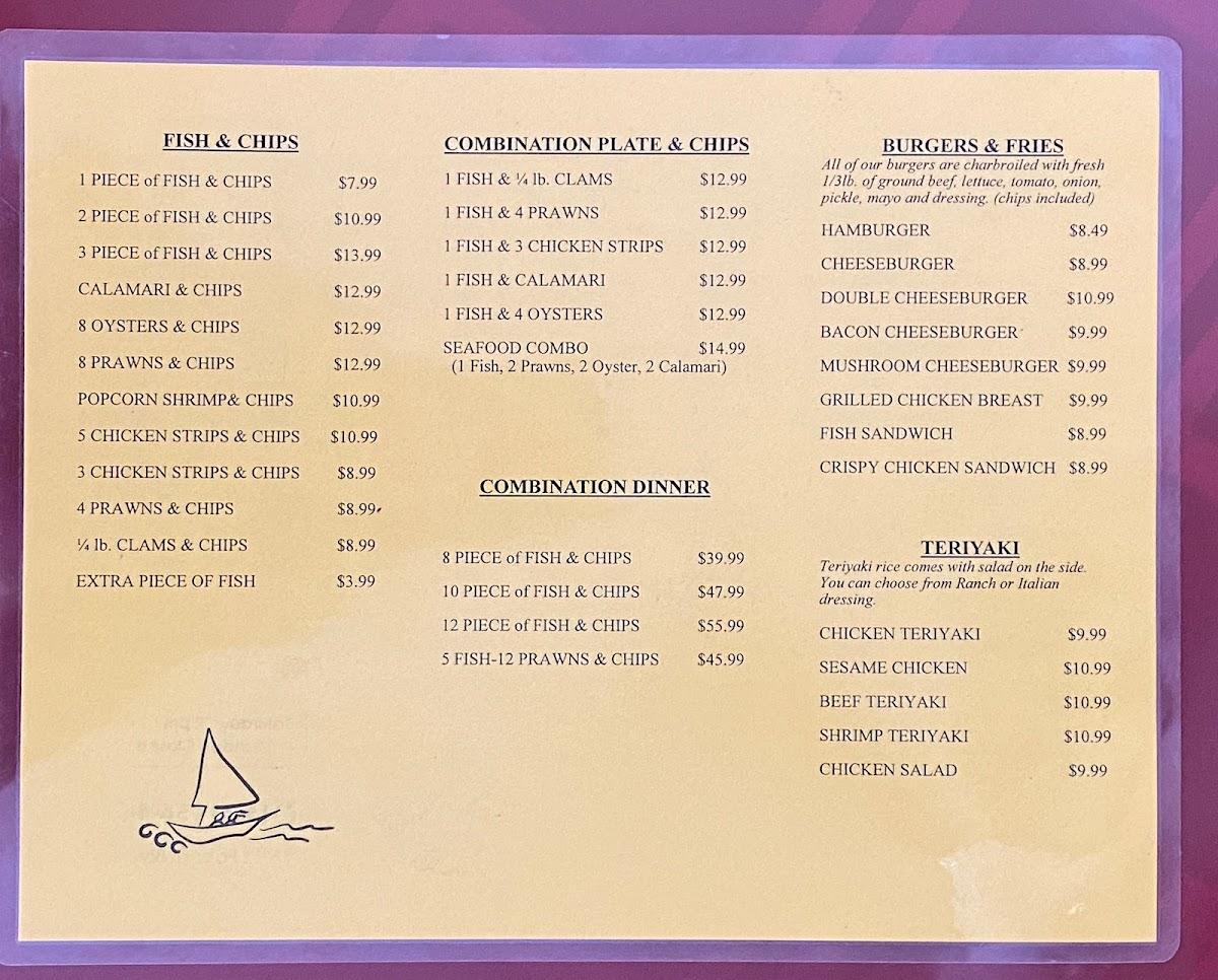 Menu at PJ’s Diner Fish and Chips restaurant, Sacramento