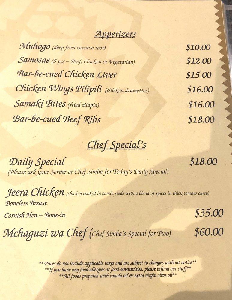 Menu at Simba's Grill restaurant, Burnaby, Boundary Rd