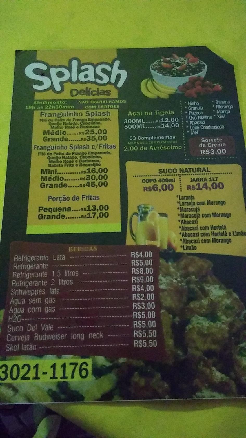 Menu at Splash Delicias restaurant, Governador Valadares
