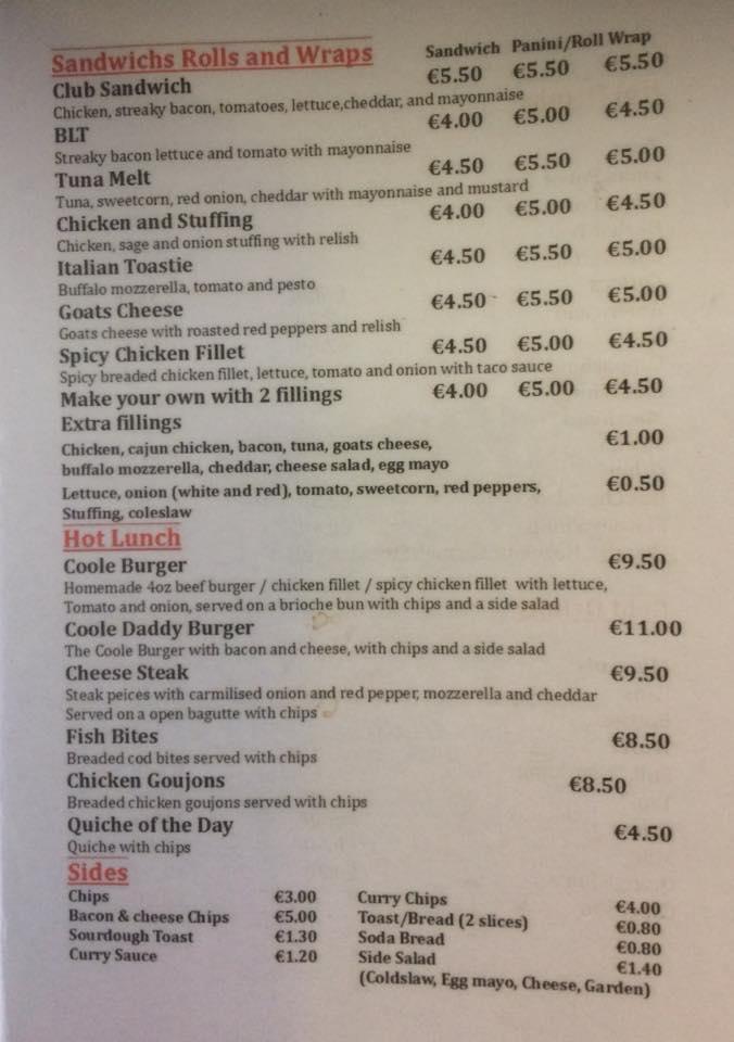 Menu at The Coole Cafe, Rathcoole