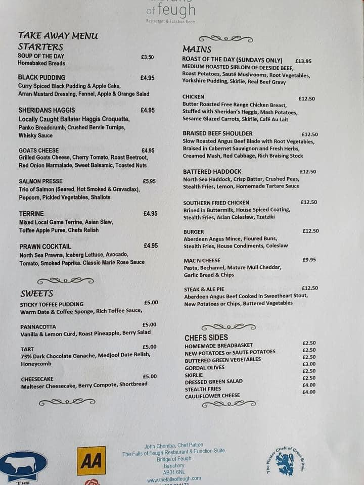 Menu at The Falls of Feugh Restaurant, Banchory