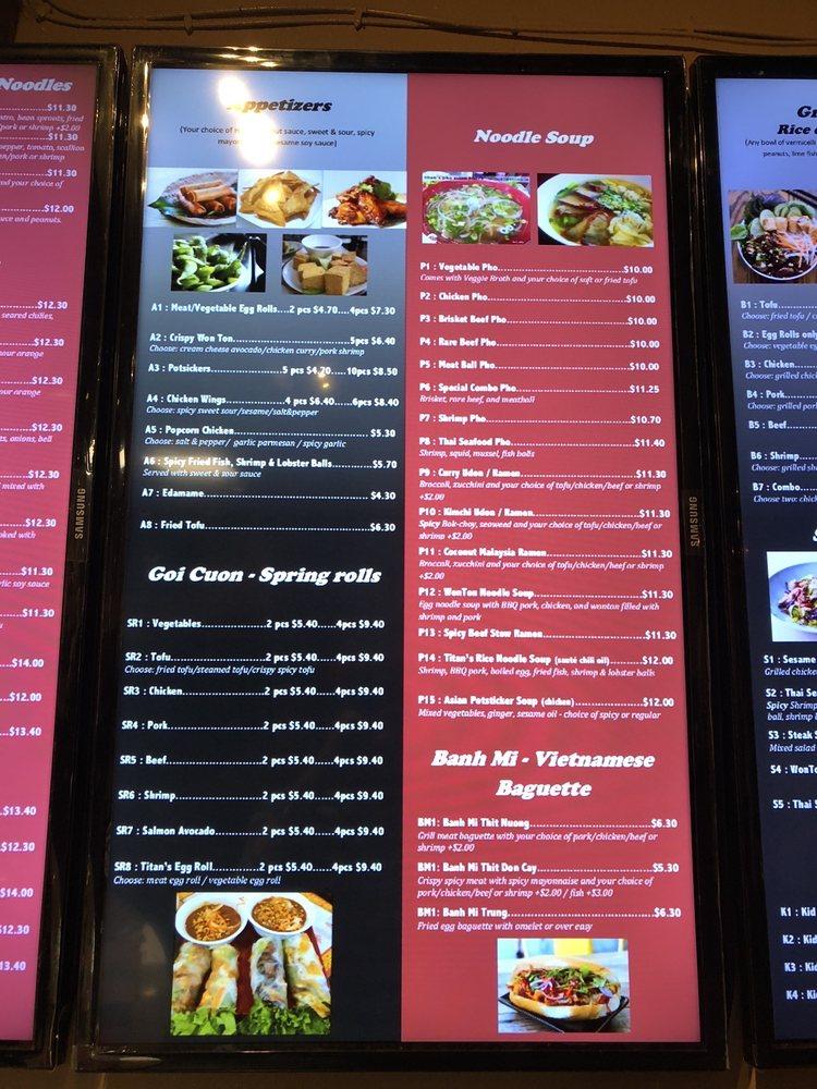 Menu at Titan's Pho Asian Bistro restaurant, San Juan Capistrano