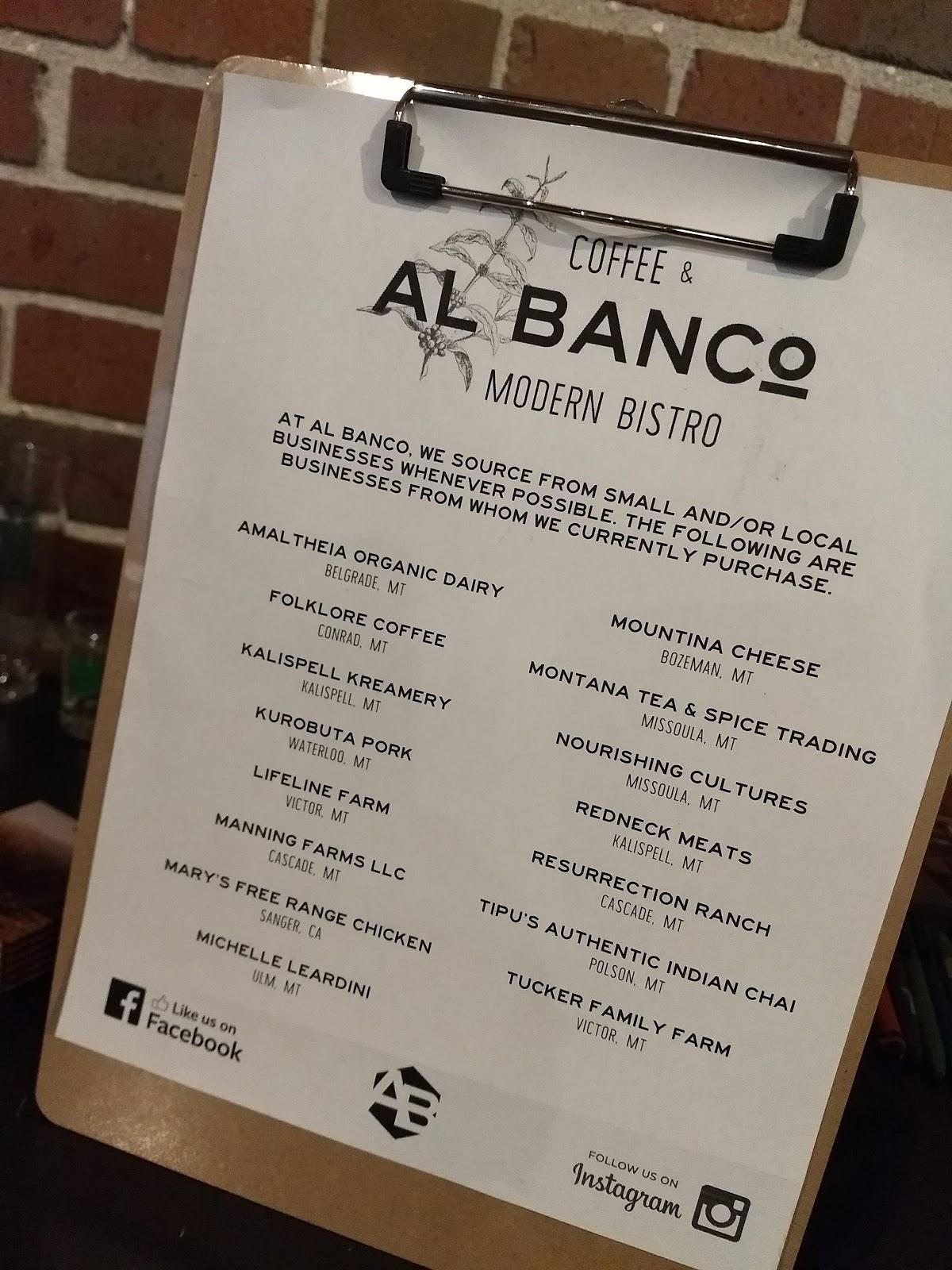 Menu at Al Banco cafe, Great Falls