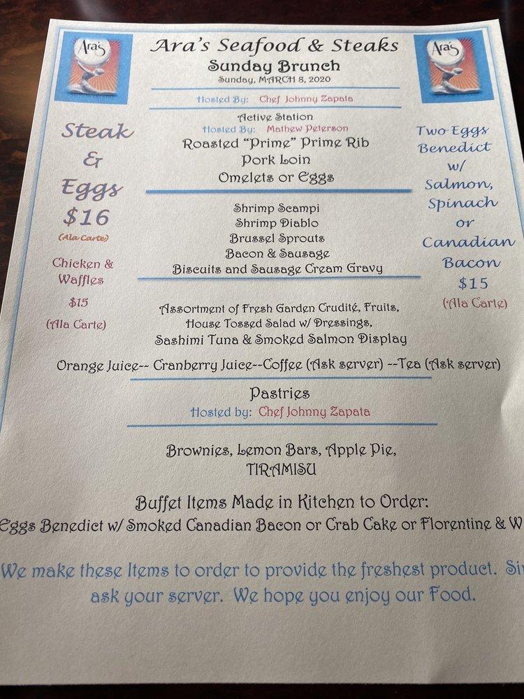 Menu at Ara's Seafood & Steaks pub & bar, Corpus Christi